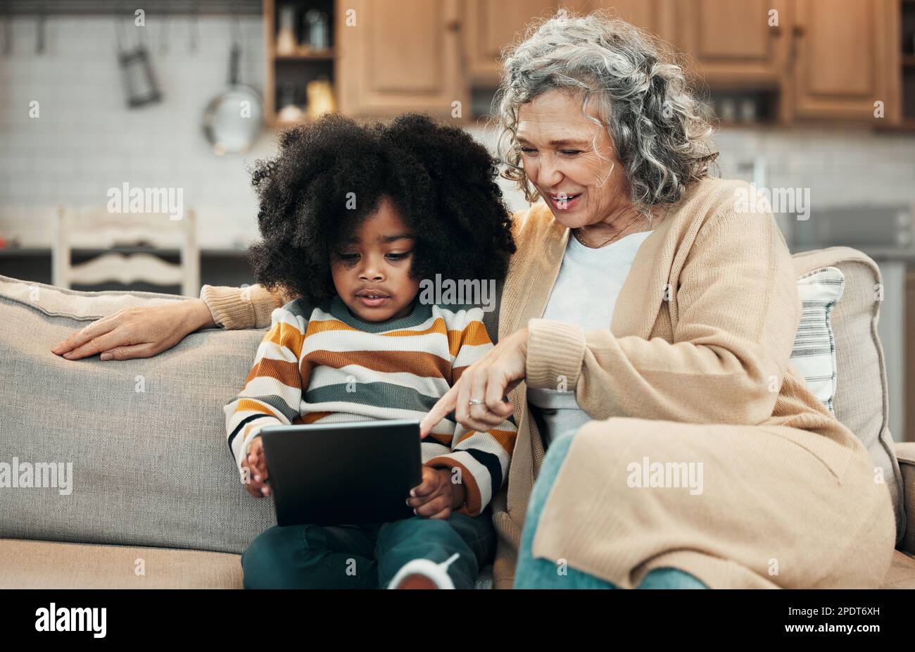 Elearning tablet, grandparent and African boy with remote education for ...