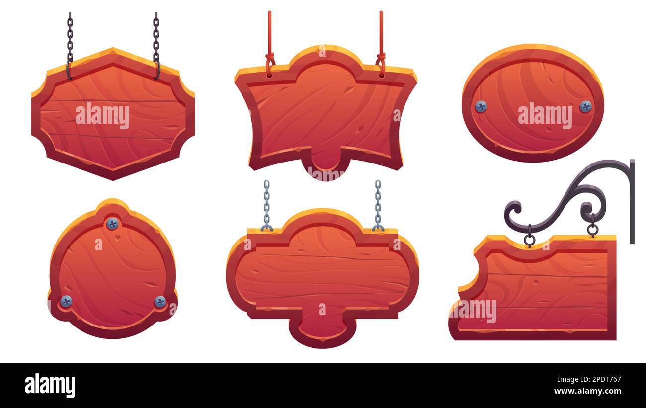 Old sign boards, wooden plaques and panels hanging on chain and rope ...