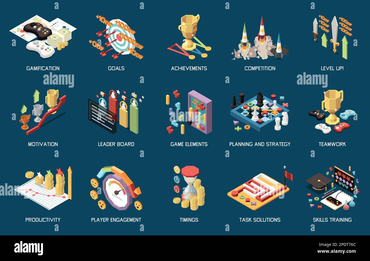 Business gamification strategy productivity teamwork motivation training isometric conceptual ...