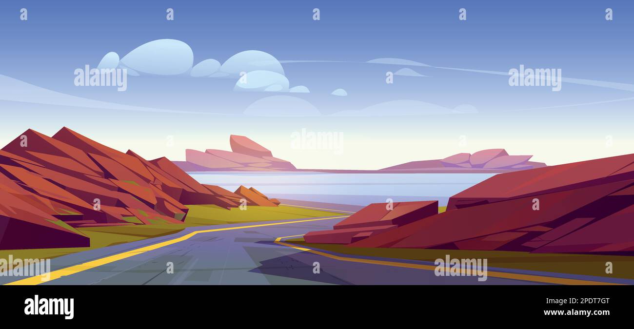 Mountain road cartoon landscape background. Nature and sky with cloud ...