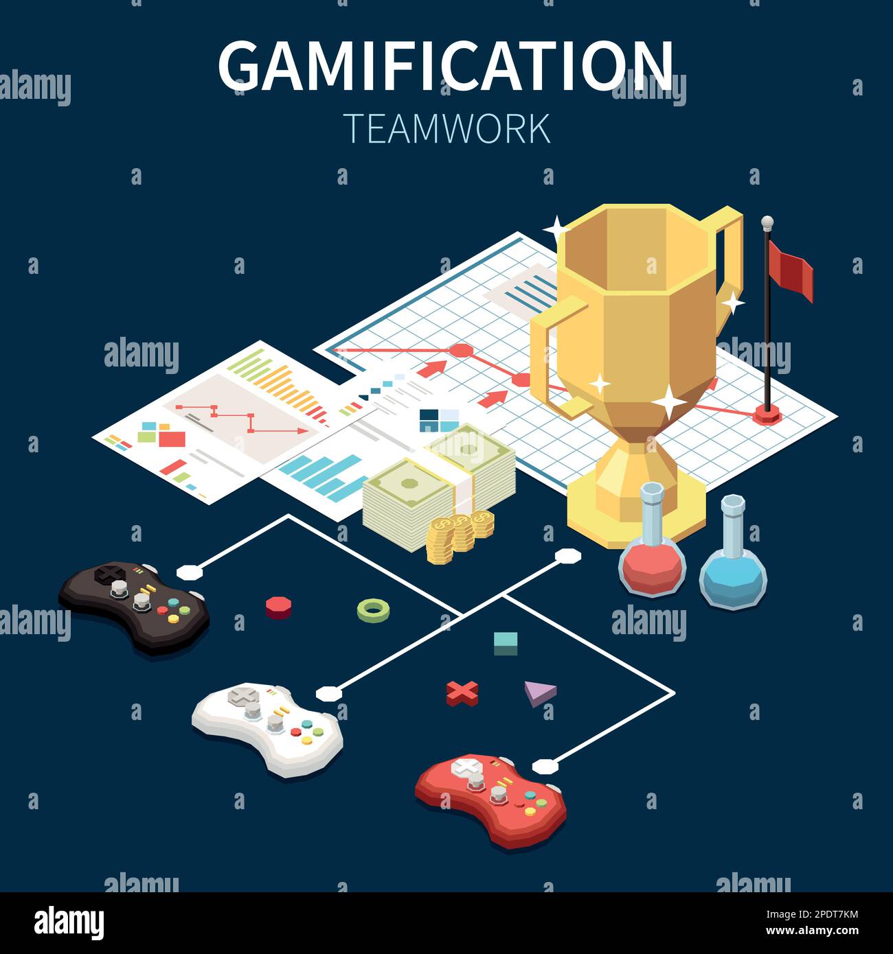 Business gamification and teamwork concept with game joystick and winner cup 3d isometric vector ...