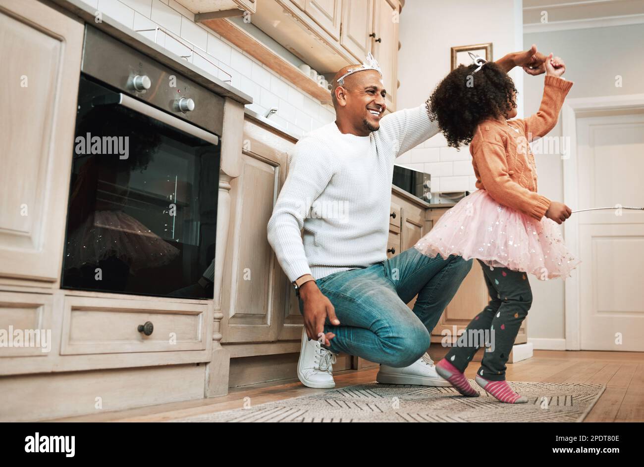 Child, ballet dance twirl and happiness of girl and father together ...
