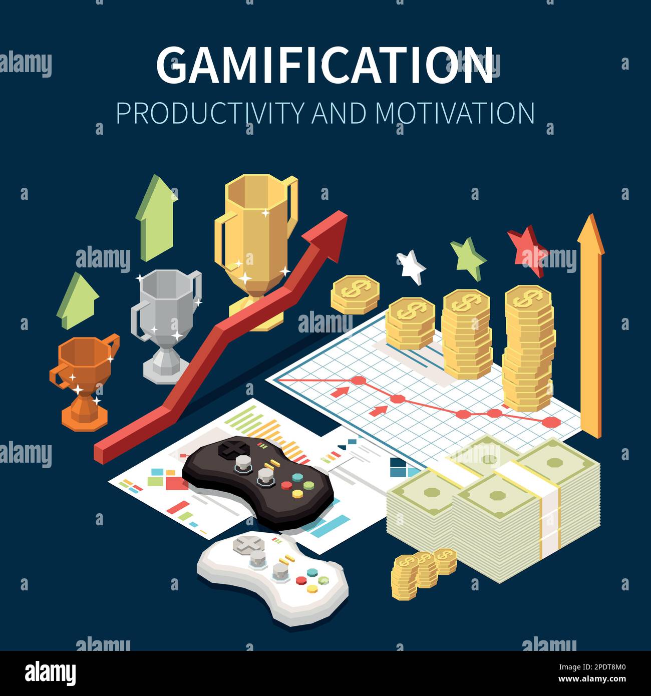 Isometric concept of business gamification productivity and motivation with 3d game and money ...