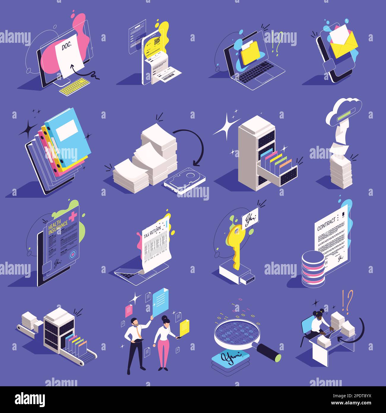Go paperless isometric 3d icons set with stacks of papers and data kept ...