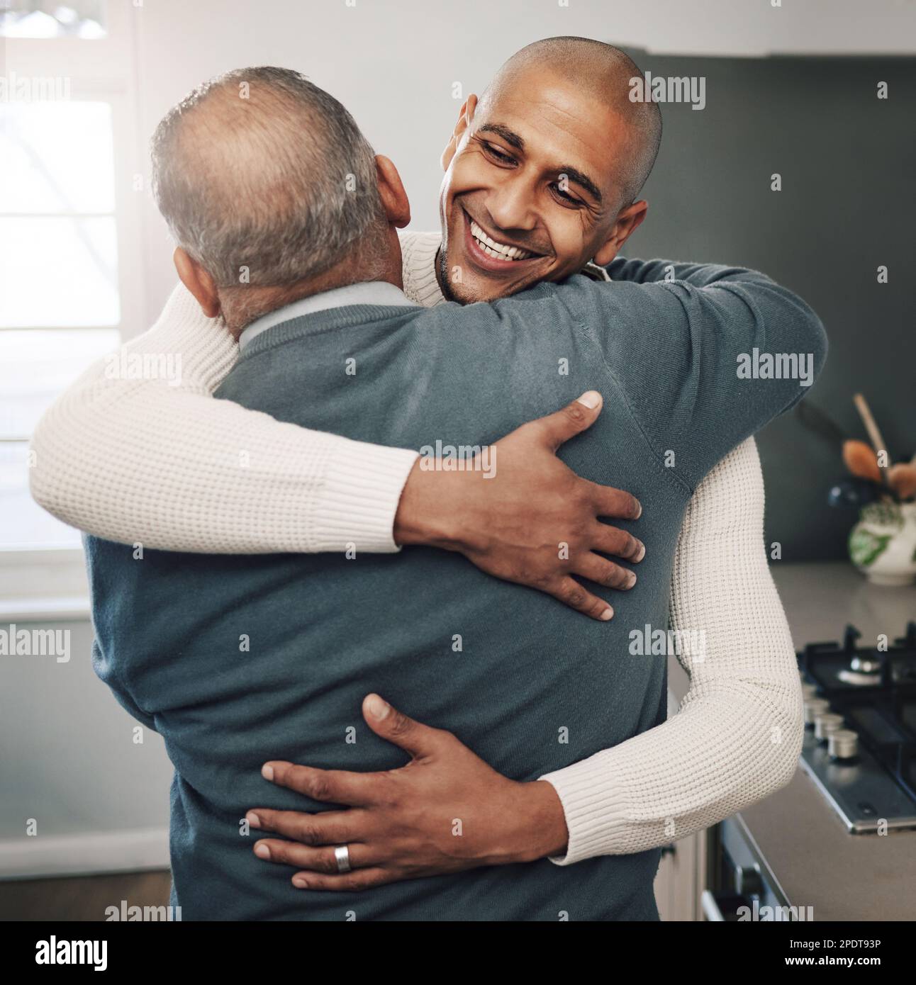 Family, hug or son with senior father for Fathers Day love, home bond ...