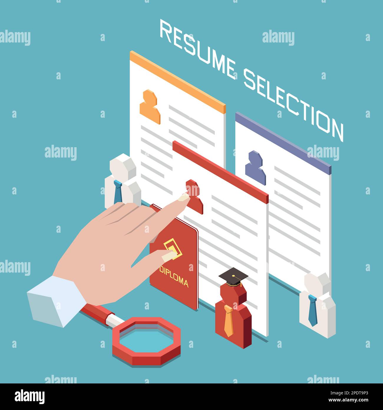 Isometric concept of recruitment with headhunter hand selecting candidate resume 3d vector ...