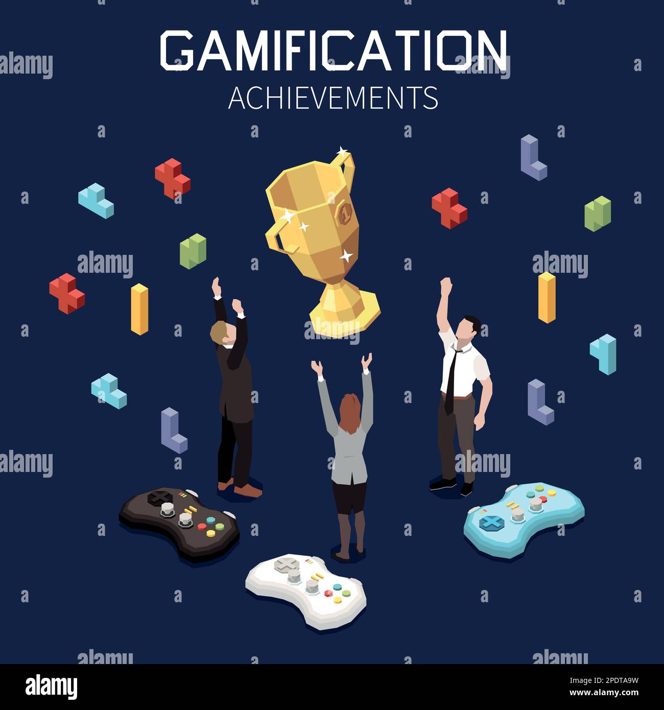 Business gamification teamwork goal achievement isometric concept with happy employees and ...