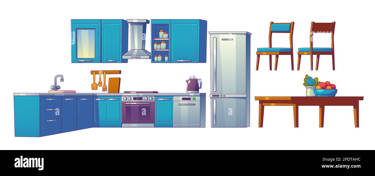 Kitchen room cartoon vector interior set with table and fridge ...