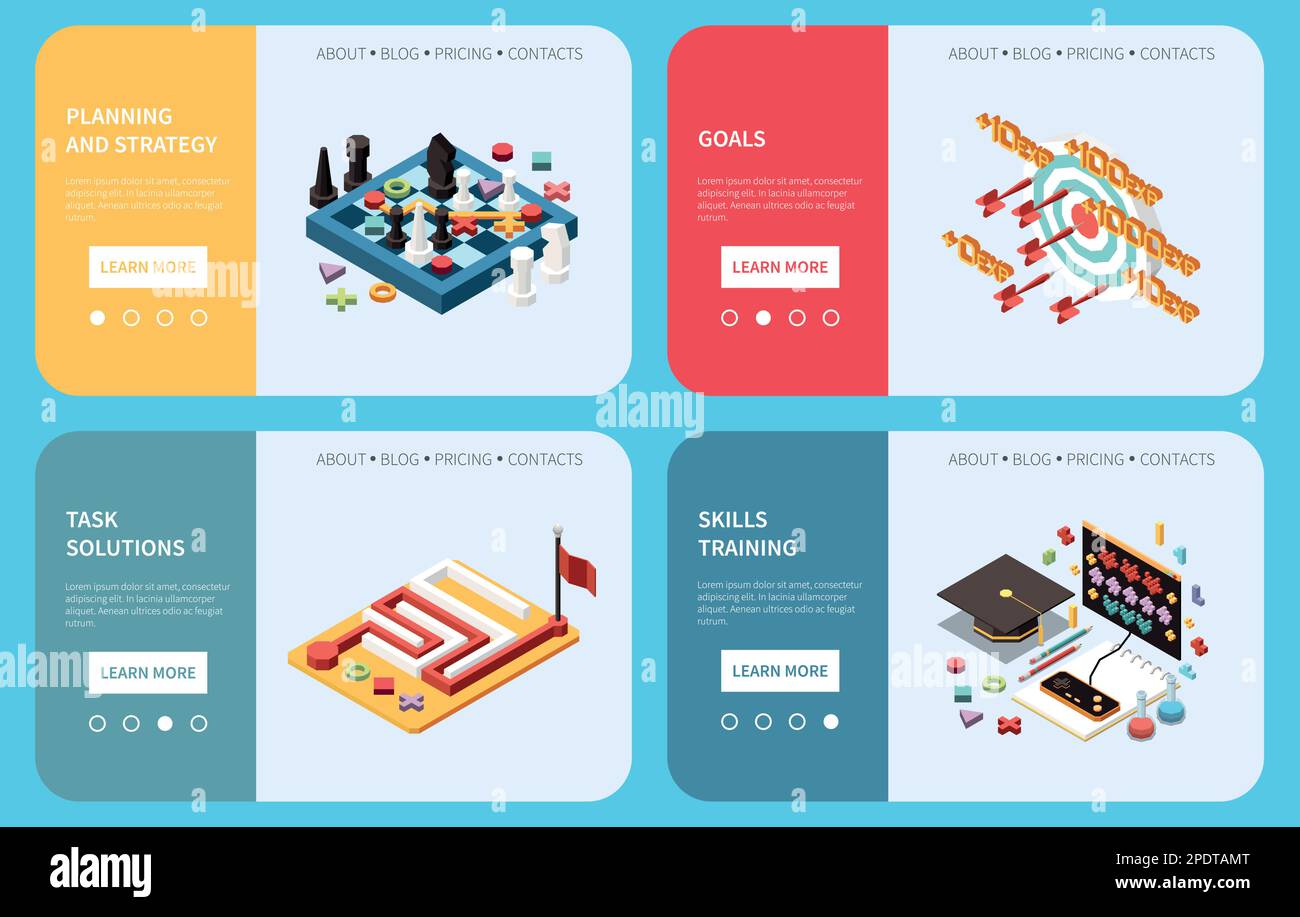 Isometric business gamification horizontal banners set with planning strategy tasks goals skills ...