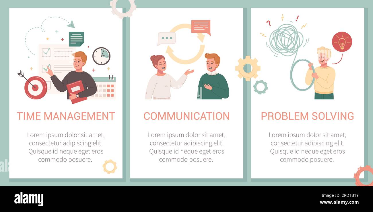 Soft skills vertical posters set depicting time management ...