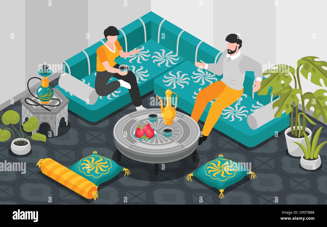 Middle eastern style interior background with hookah and sofa isometric ...