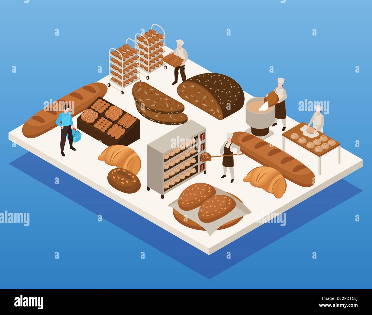 Bread production concept with wheat fields symbols isometric vector ...
