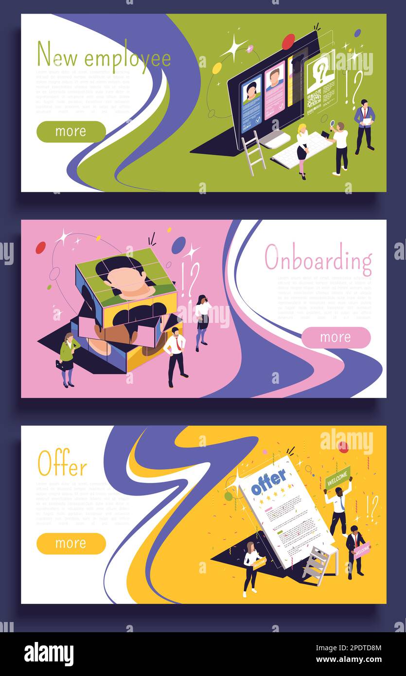 Onboarding isometric horizontal web banners set with new employees and ...