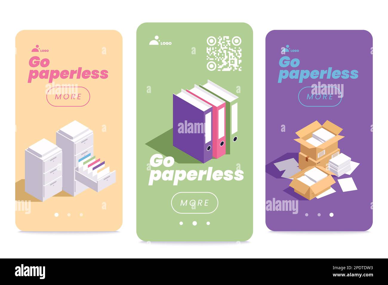 Isometric set of go paperless vertical banners with stacks of papers ...