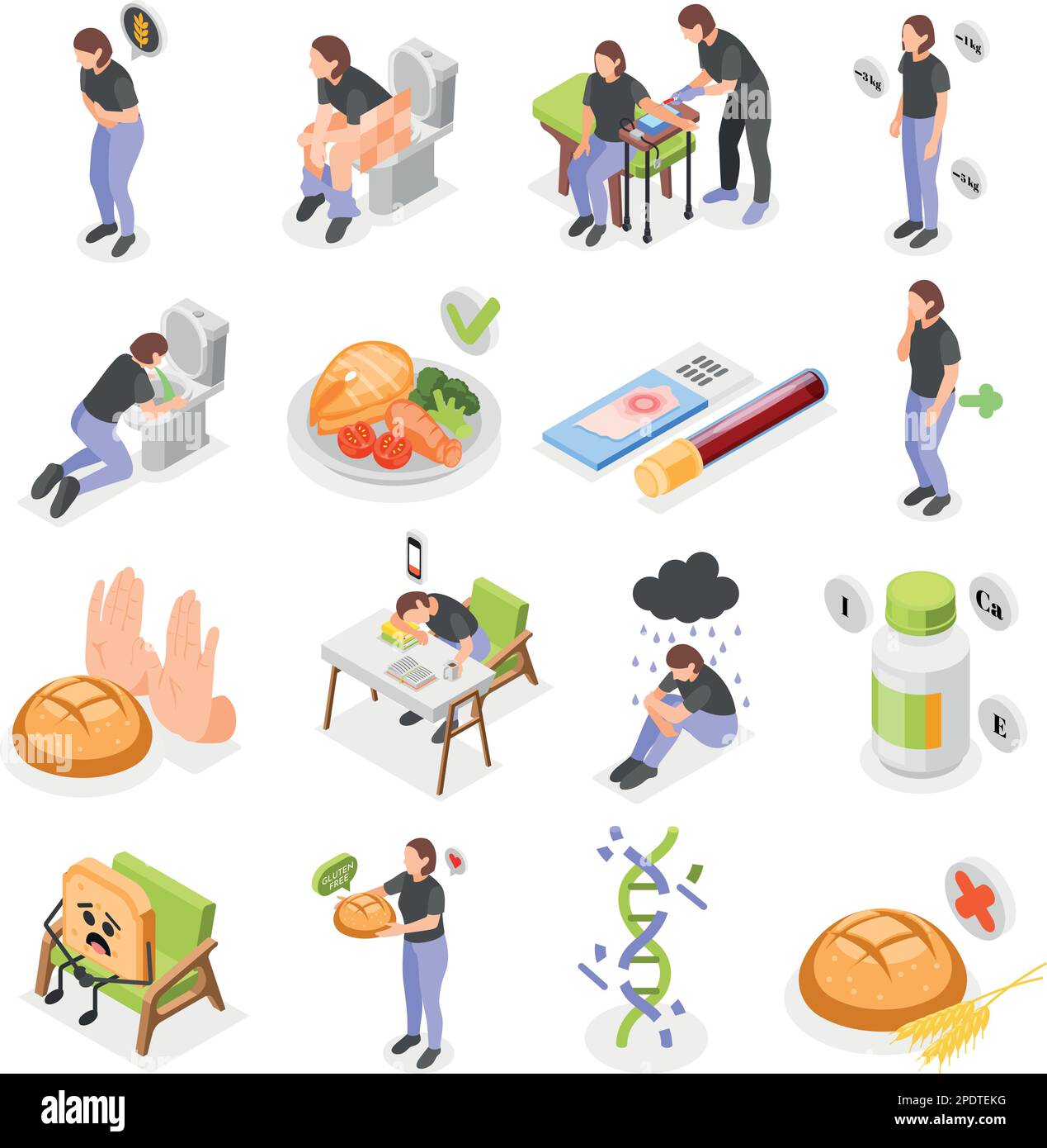 Gluten intolerance isometric set of isolated icons with pictograms ...