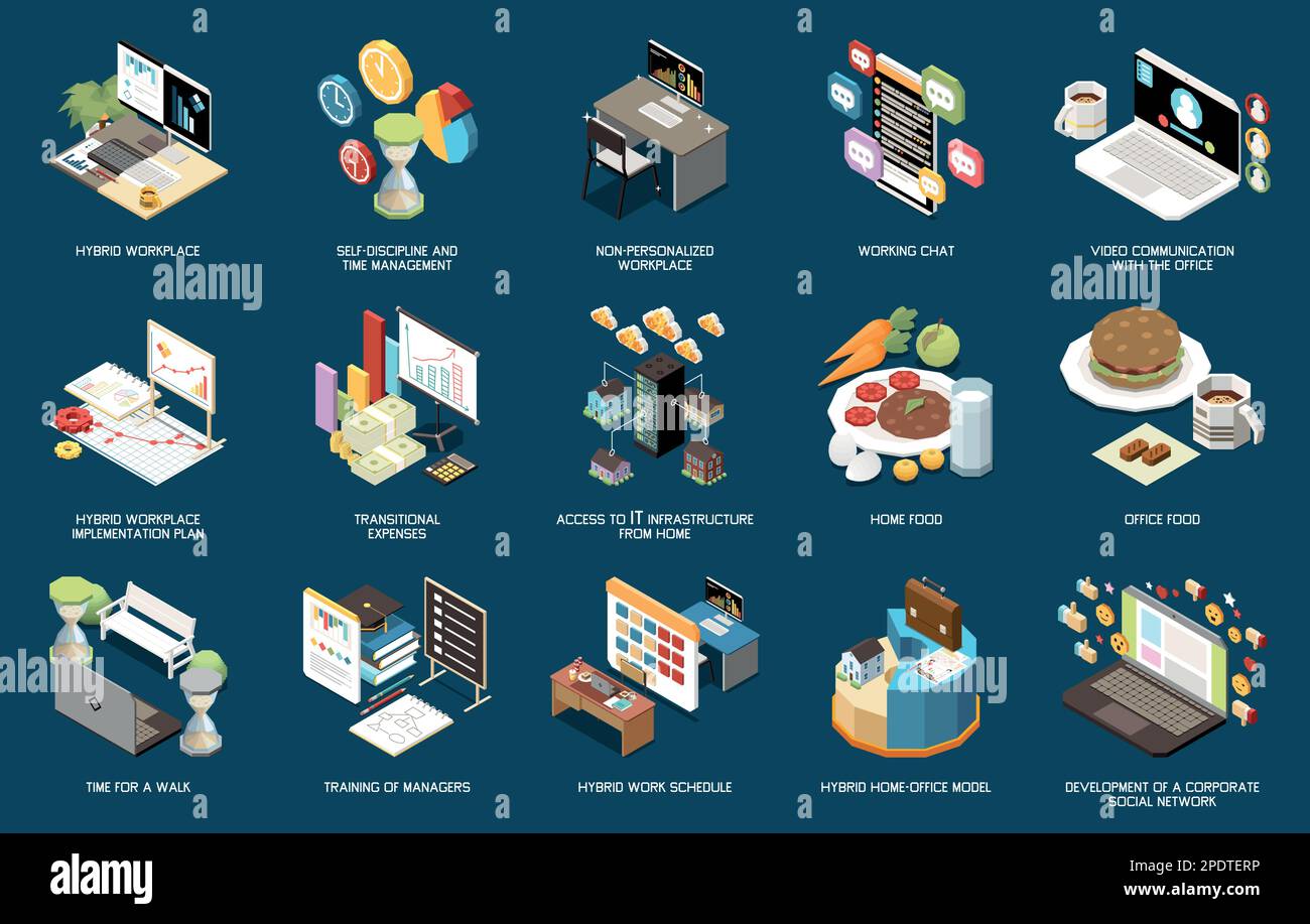 Hybrid work workplace home office model isometric icons set isolated on ...