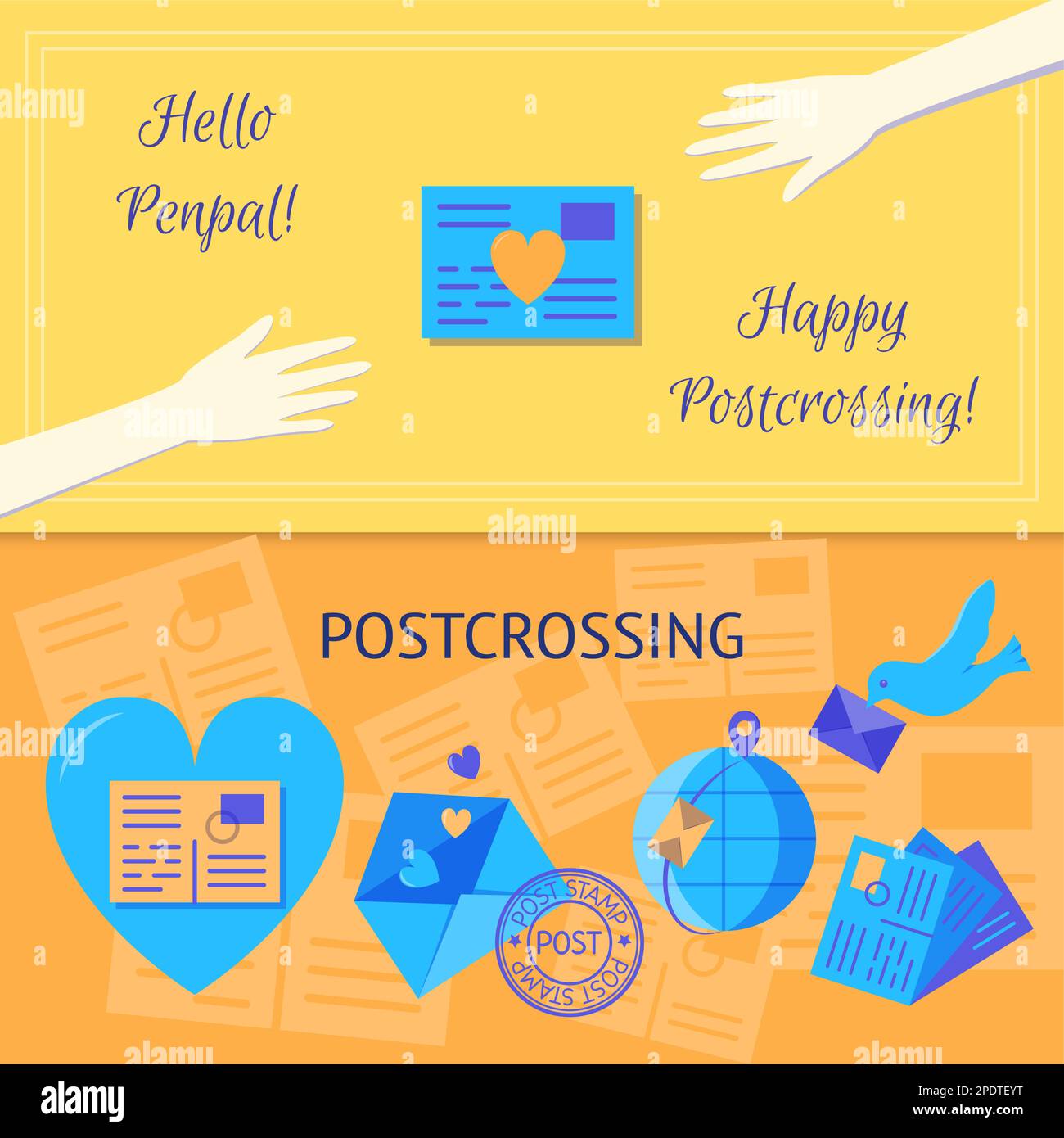 Postcrossing flyer templates set in flat style. Banner about post cards ...