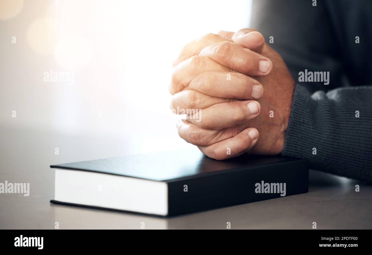 Bible book, praying or hands of man for holy prayer, support or hope in ...