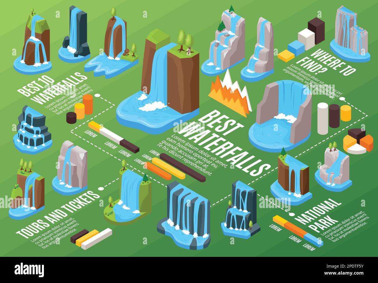 Waterfall infographic set with national park symbols isometric vector ...