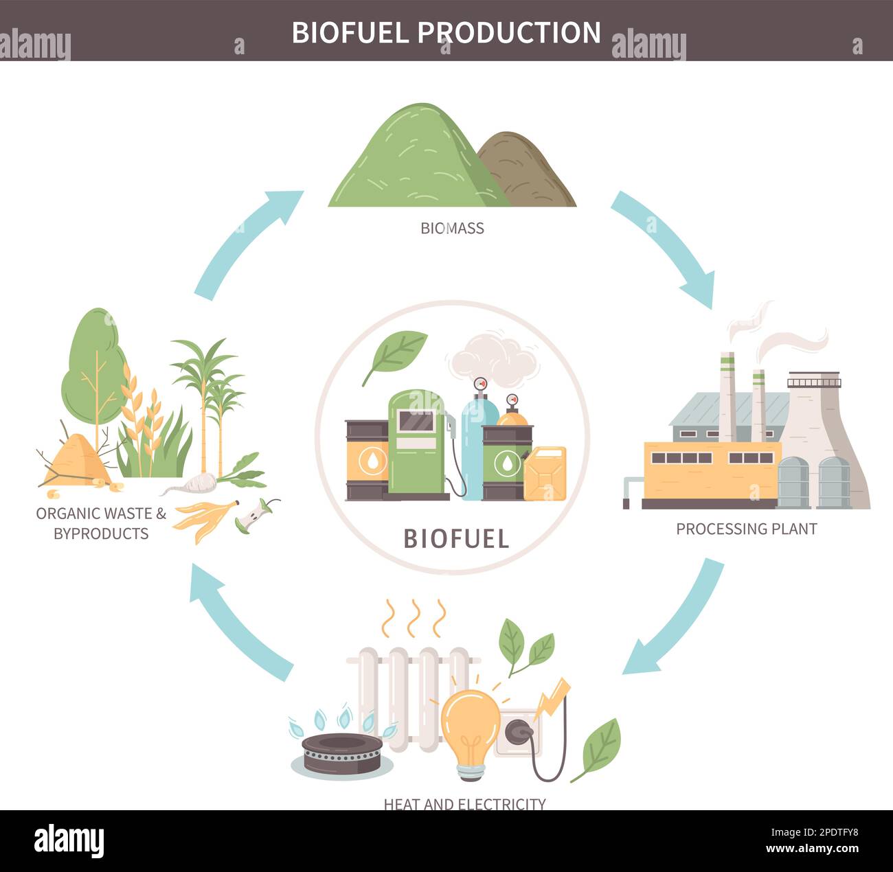 Biofuel production flat infographics scheme from organic waste and ...
