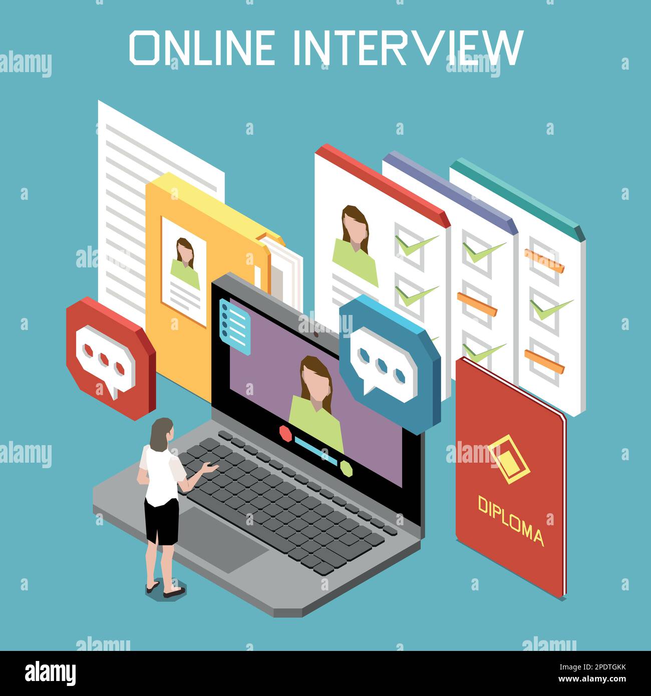 Headhunting recruitment isometric composition with online interview ...