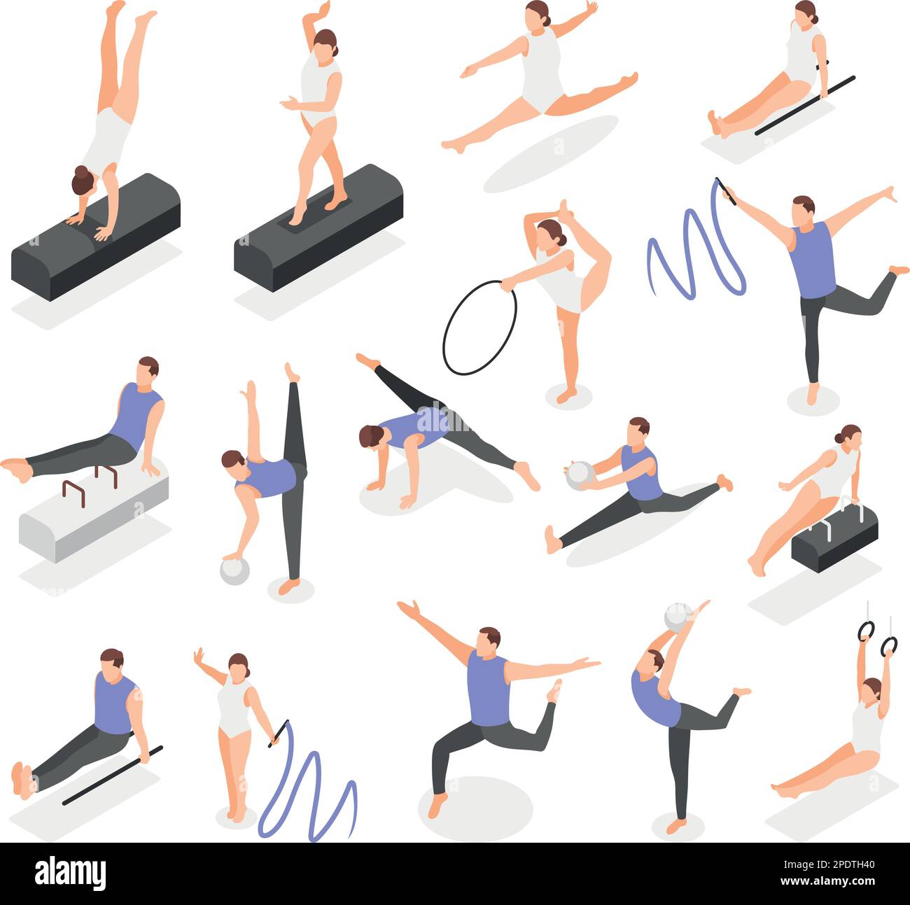 Gymnastics isometric set of isolated icons with human characters of ...