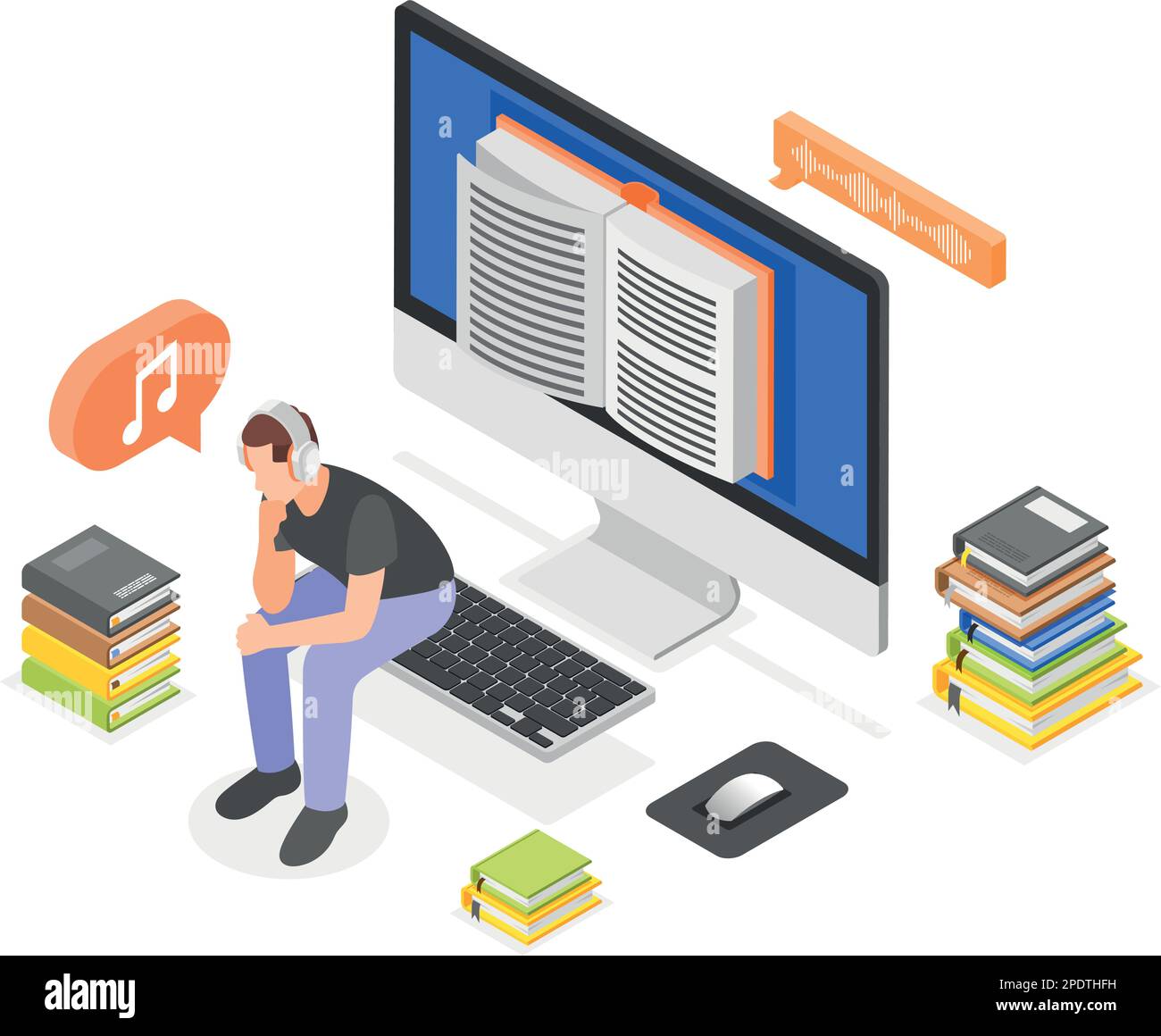 Audio books isometric composition with icons of desktop computer book ...