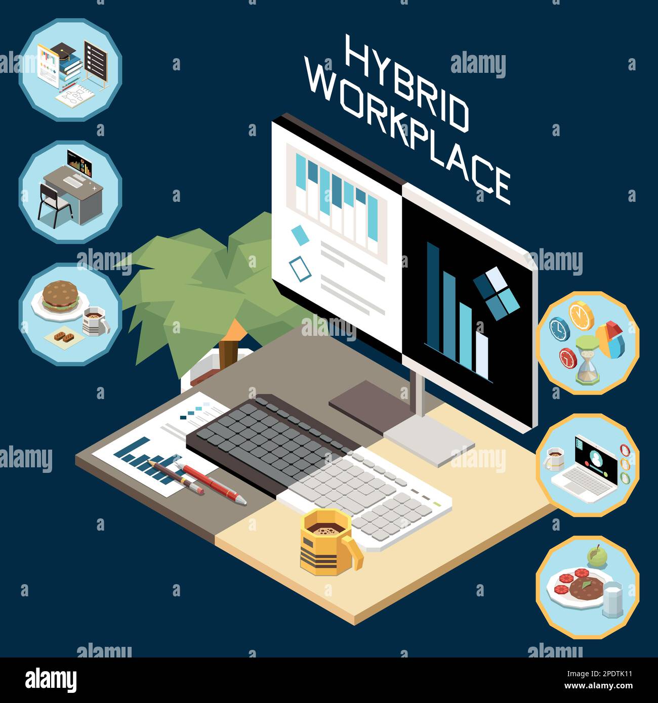 Hybrid work flexible workplace at home in office isometric concept with ... Hybrid work flexible workplace at home in office isometric concept with ...