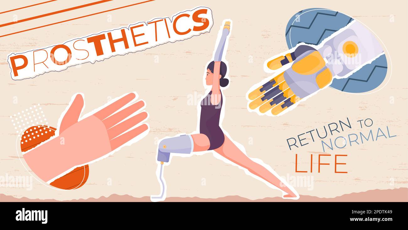 Prosthetics robotic composition with collage of flat text and girl ...