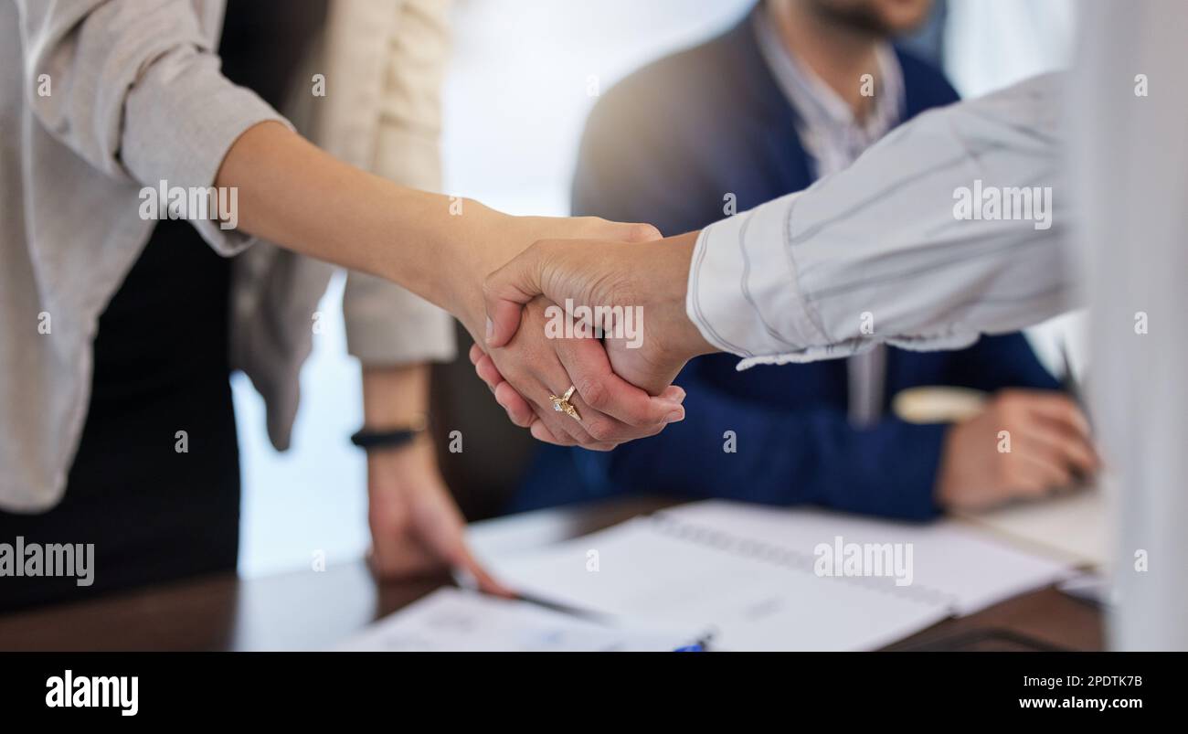 B2b, shaking hands and thank you handshake of a corporate worker in a ...