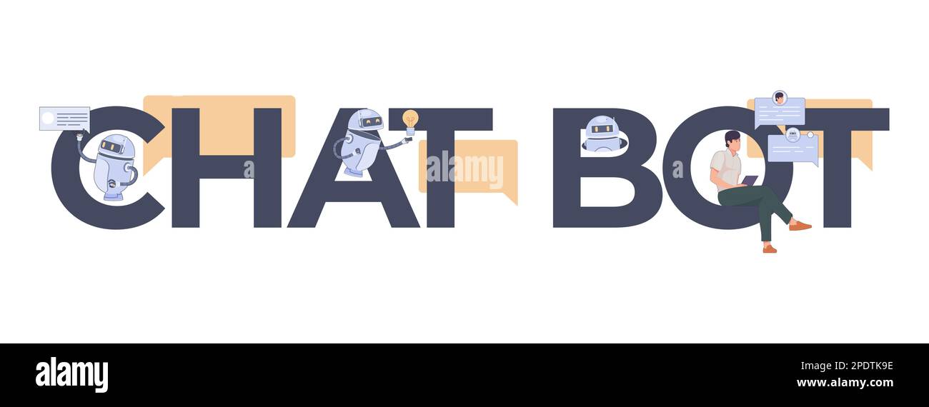 Chat bot composition with flat text surrounded by human character chat ...