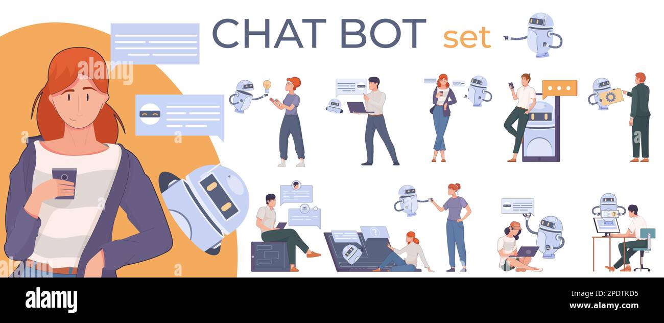 Chat bot flat composition with set of isolated human characters using ...