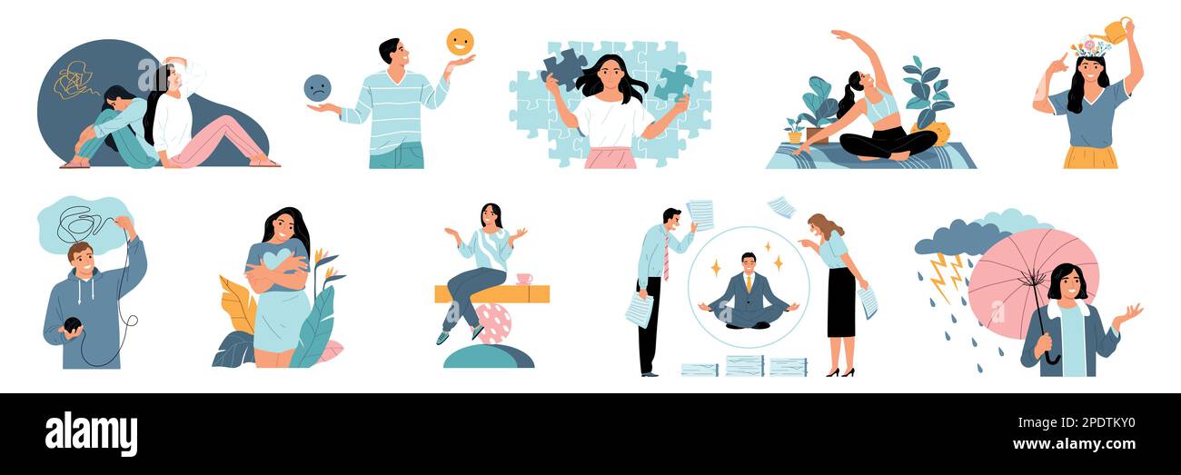 Mental health flat icons set with harmony mindfulness and positive ...