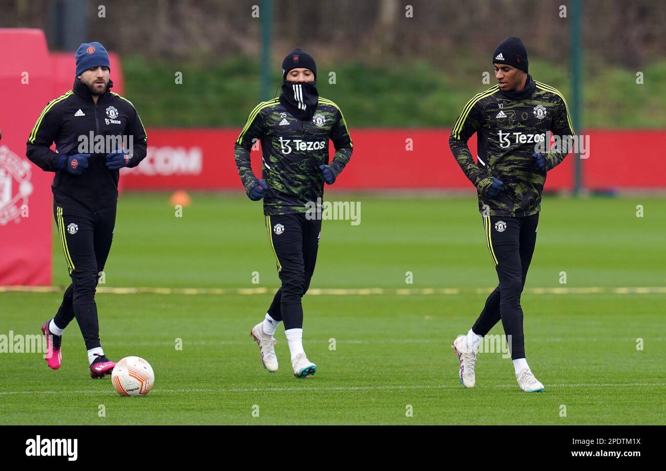 Manchester United's (left-right) Luke Shaw, Jadon Sancho and Marcus ...
