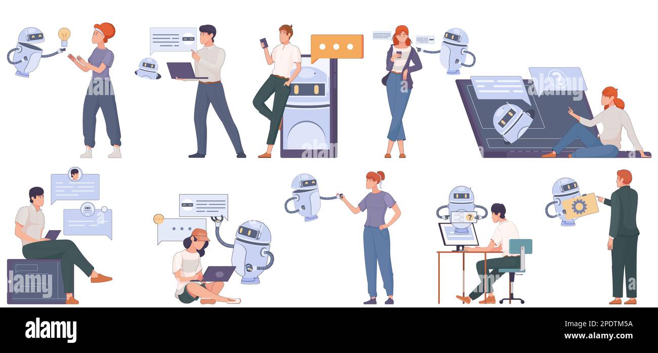 Chat bot flat set with isolated compositions of human characters ...