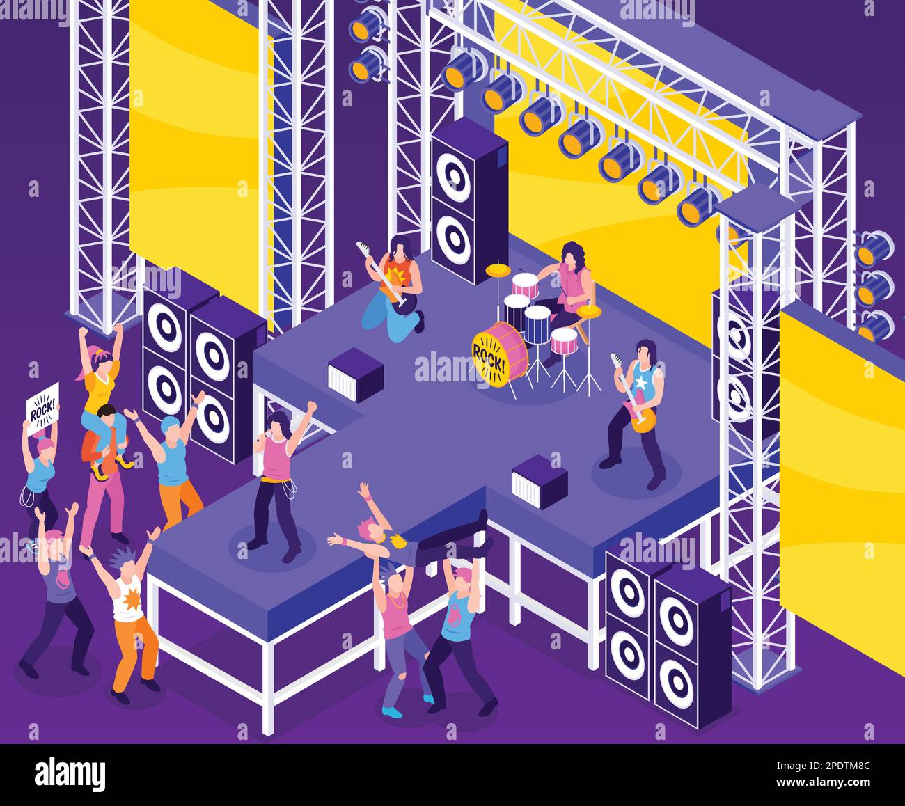 Rock star background with concert and people symbols isometric vector ...