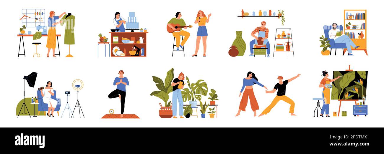 Hobby flat icons set with people during free time occupations isolated ...