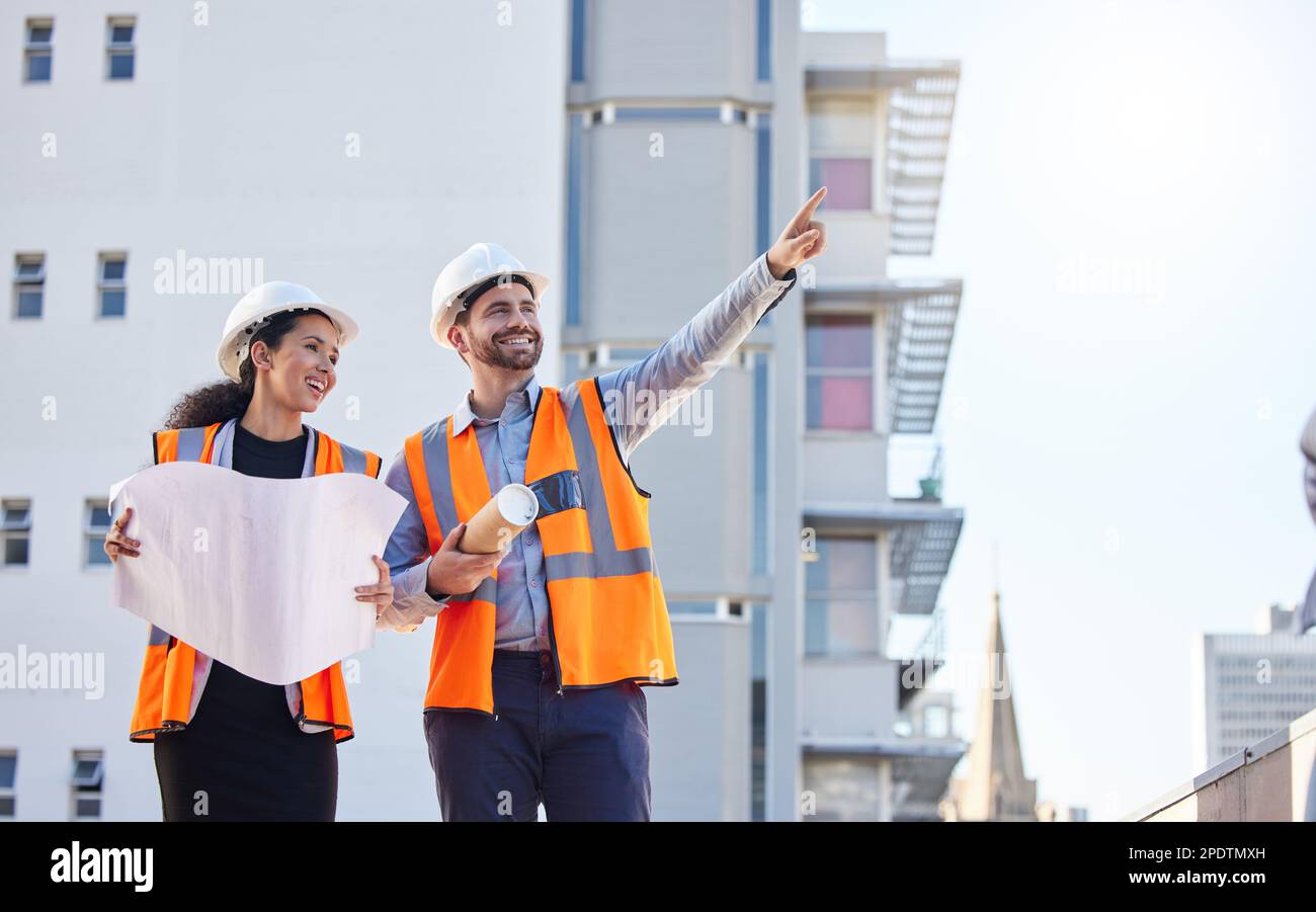 Engineering people pointing and blueprint for planning, teamwork or ...