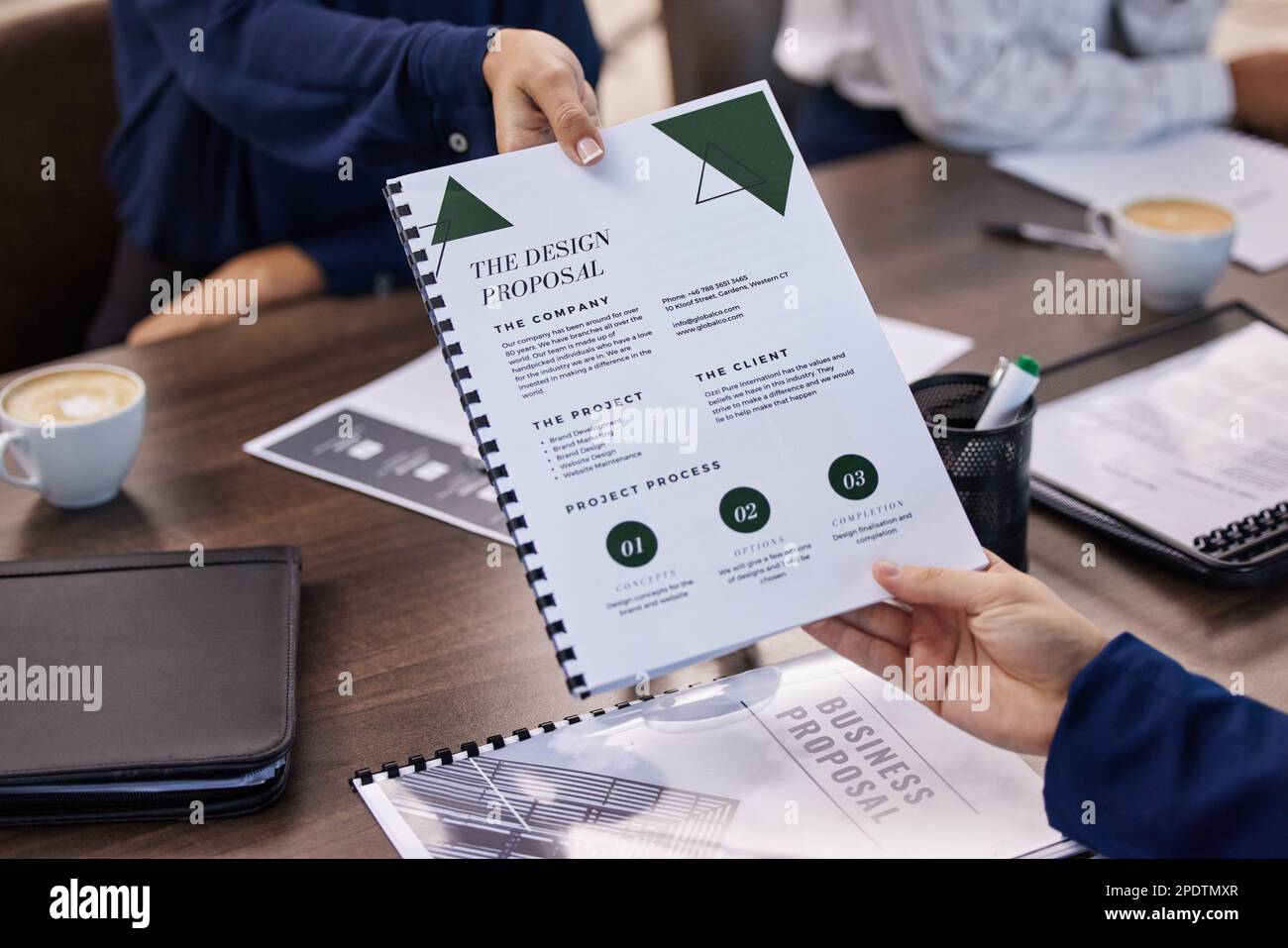 Hands, documents and design proposal by business people in meeting for ...