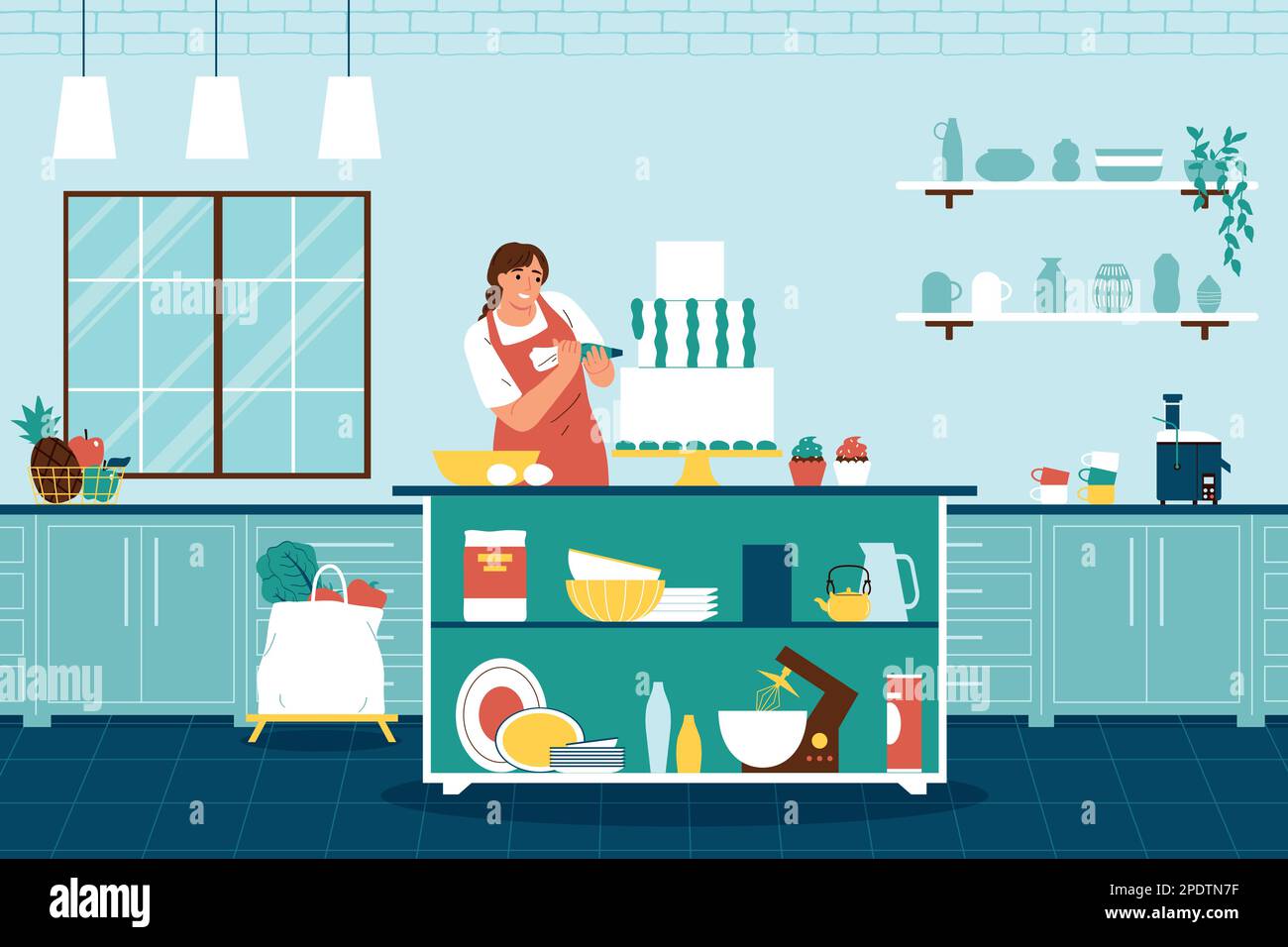 Woman cooking at home decorating cake with berry cream flat vector ...