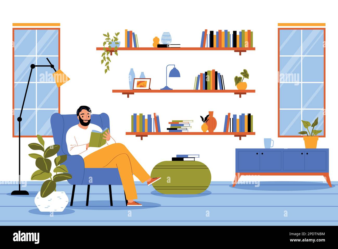 Hobby flat concept with man reading book indoors vector illustration ...