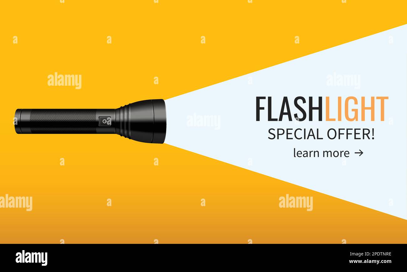 Flashlight AD web banner with side view of realistic device and text in ...