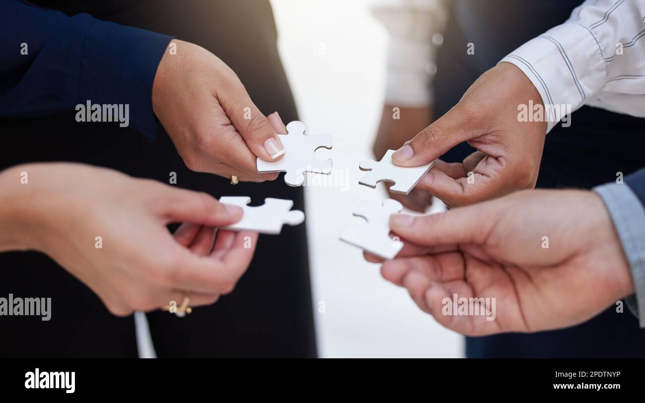 Team, hands and puzzle for teamwork, solution and integration, synergy ...