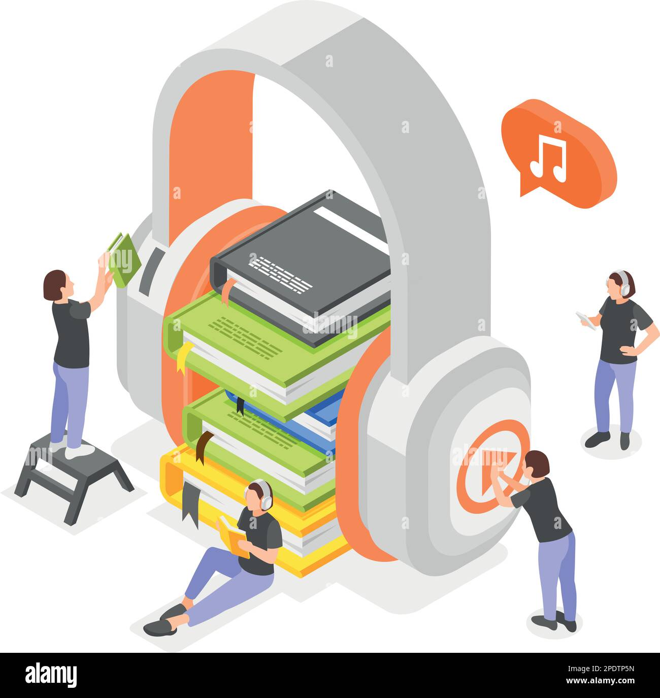 Audio book isometric composition with image of big headphones and stack ...