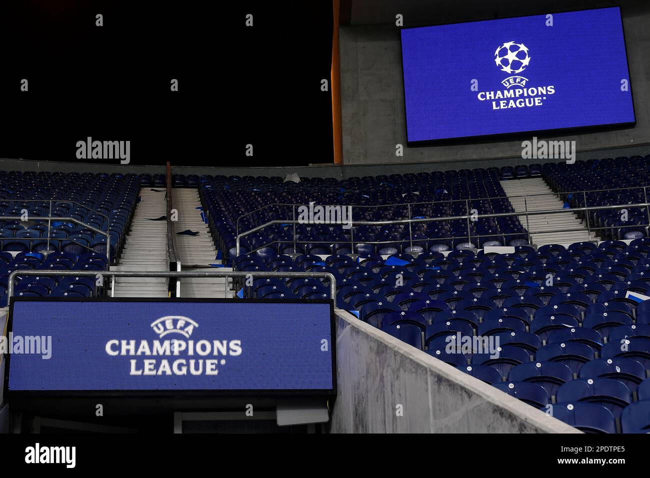 Porto, Portugal. 14 March 2023. Giant screens show the logo and the ...