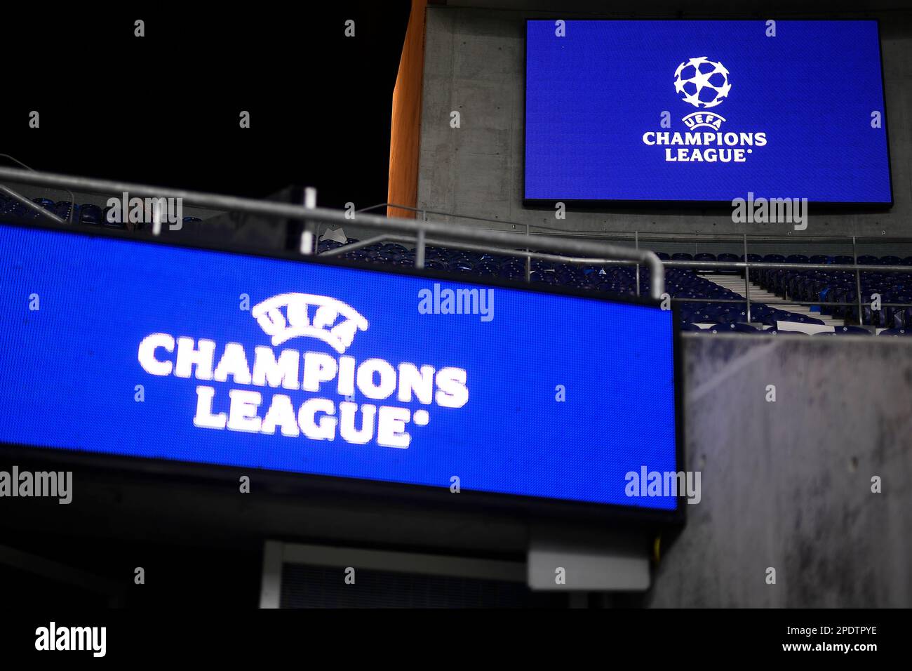 Porto, Portugal. 14 March 2023. Giant screens show the logo and the ...