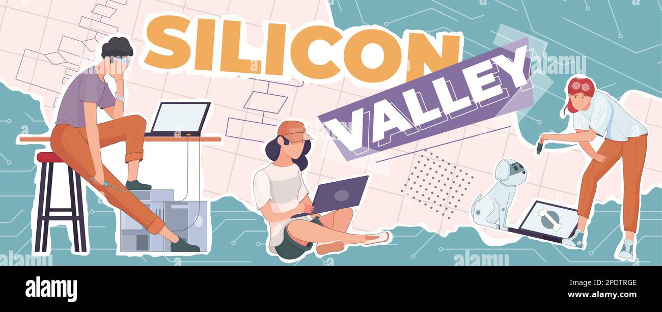 Silicon valley flat composition with collage of flat text dog robot and ...