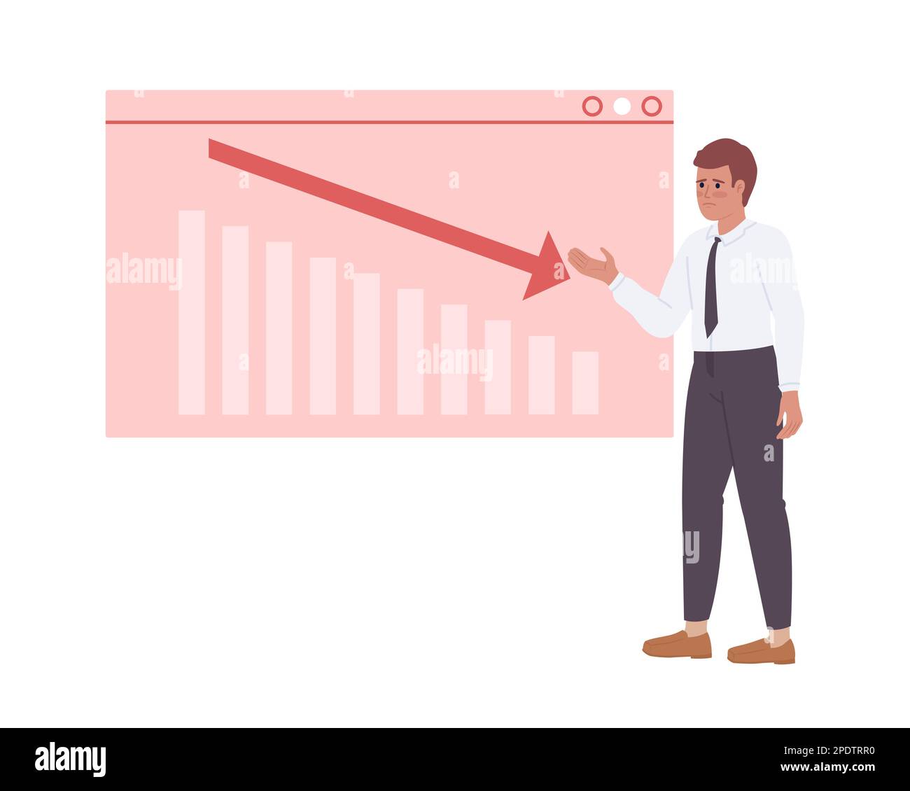 Business analyst representing sales chart decline on board flat concept vector spot illustration ...