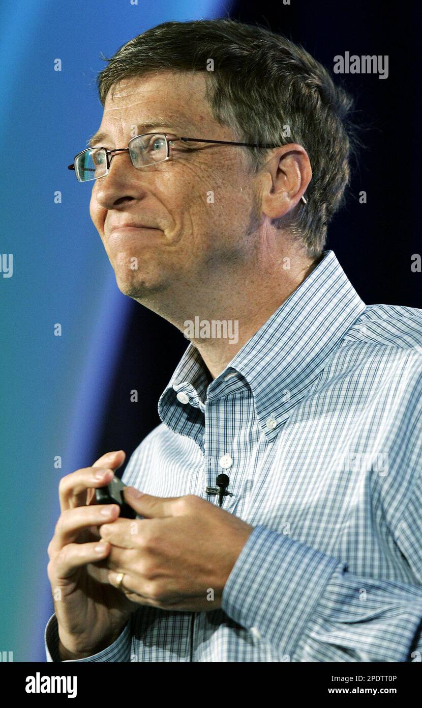 Microsoft chairman Bill Gates smiles at the end of his speech Wednesday ...