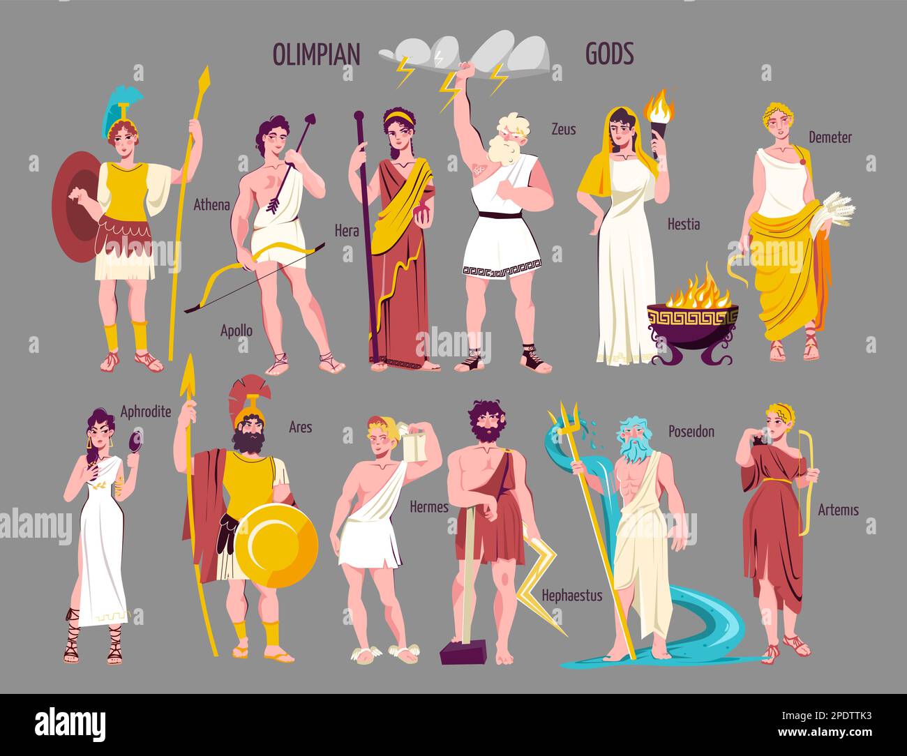 Olympian gods flat icon set with athena appolo hera zeus hestia demeter aphrodite ares hermes ...